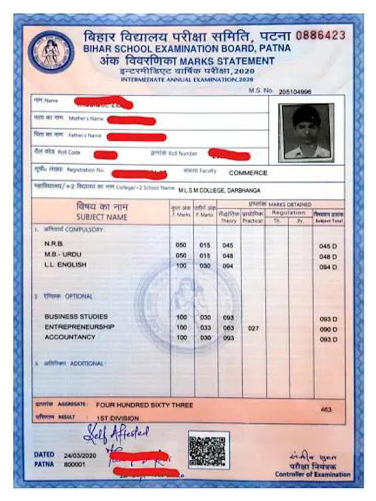 Details Mentioned in Bihar Board 12th Marksheet | PDF