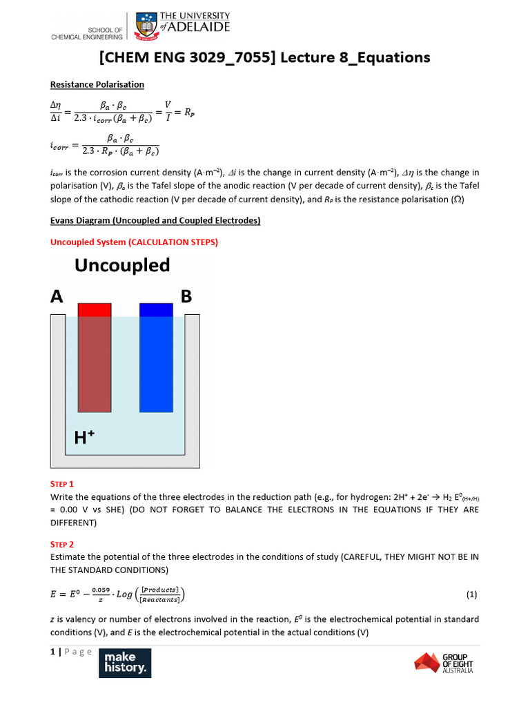 (CHEM ENG 3029 - 7055) Lecture 8 - Equations (2024) | PDF | Electrode ...