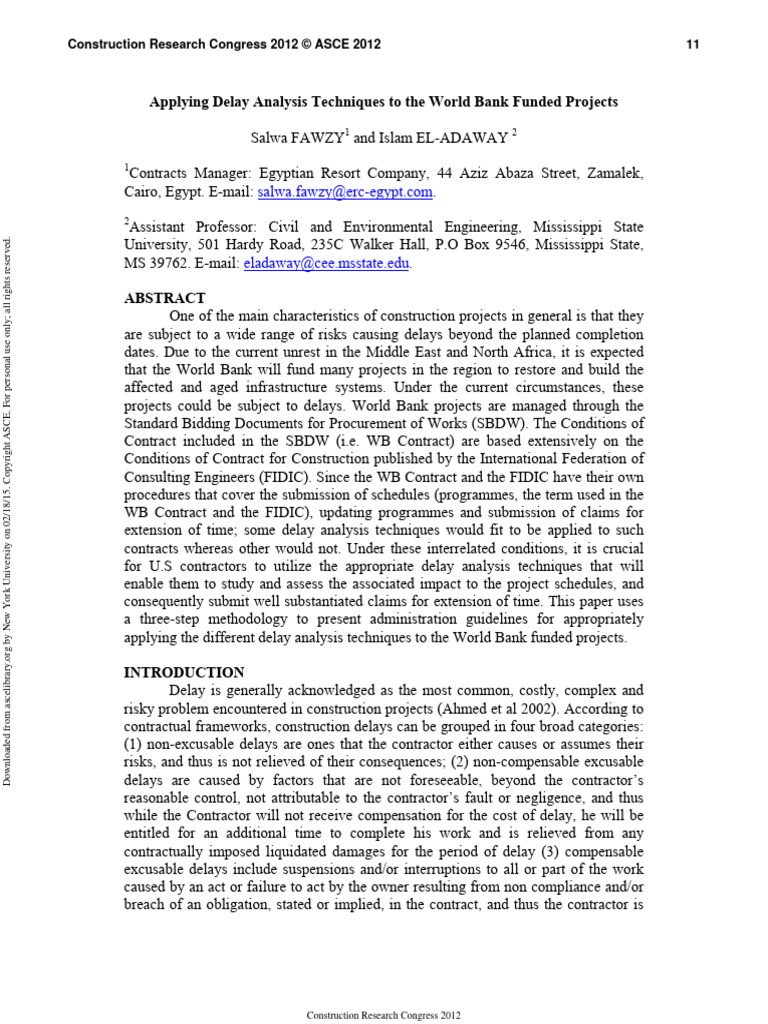 Applying Delay Analysis Techniques to the World Bank Funded Projects ... Applying Delay Analysis Techniques to the World Bank Funded Projects ...