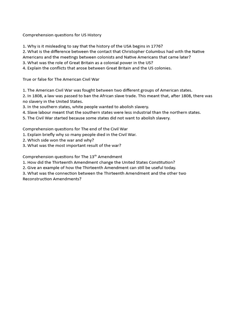 US History Comprehension Questions | PDF
