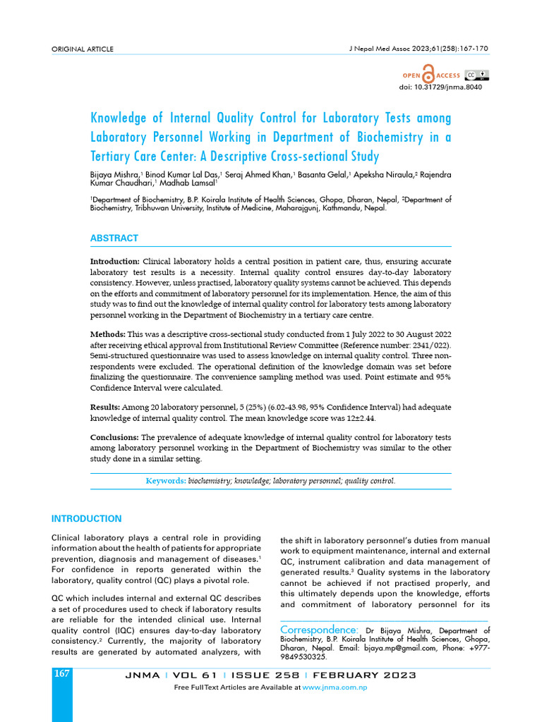 Knowledge of Internal Quality Control Fo | PDF | Sample Size Determination | Knowledge