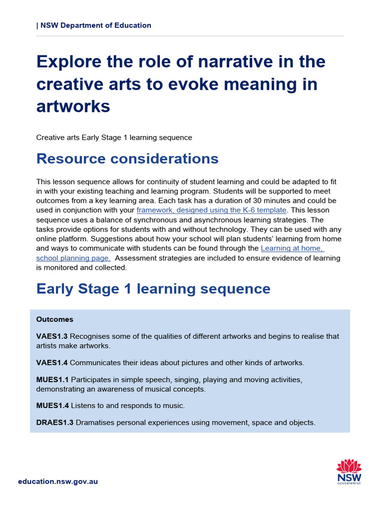 Creative Arts Es1 Learning Sequence Narrative | PDF | Learning | Narrative