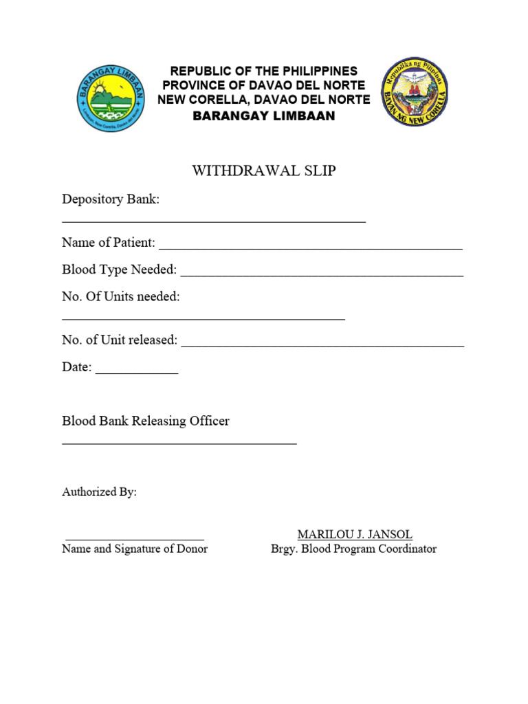 Blood Withdrawal Slip Template | PDF | Finance & Money Management