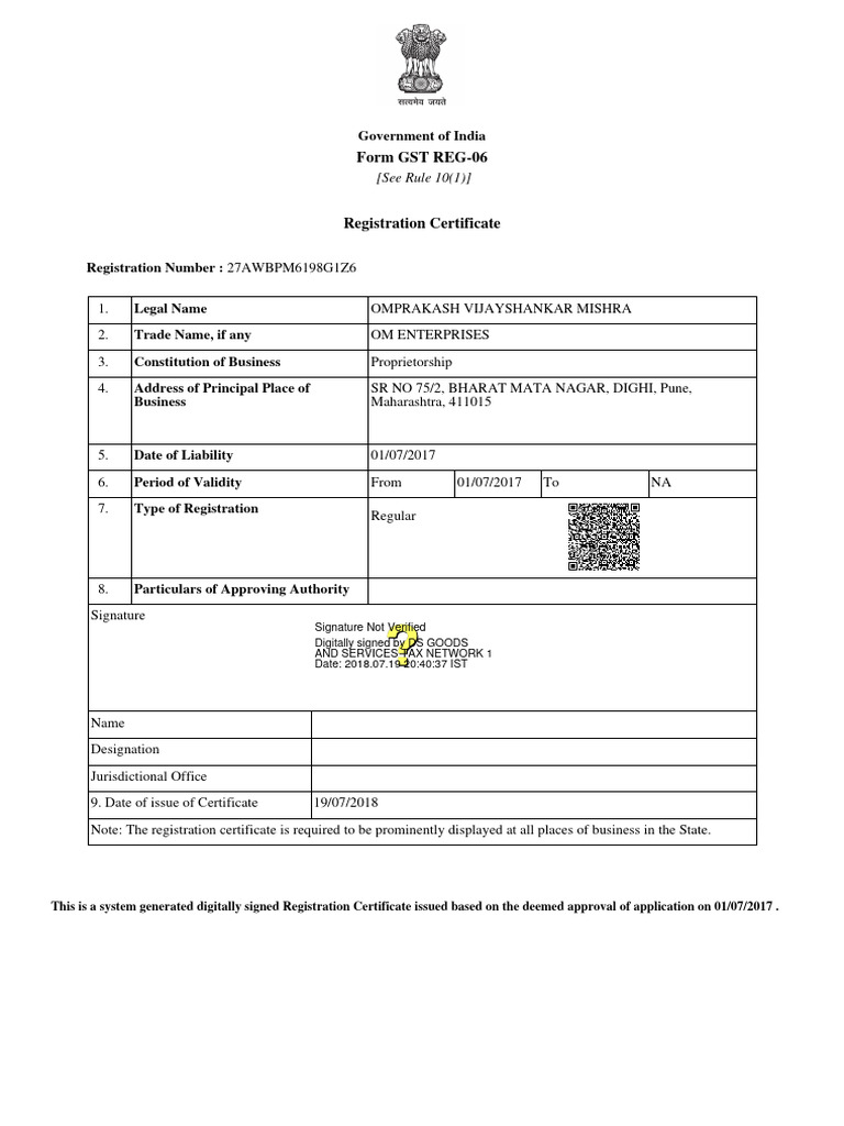 GST Registraction Certificate | PDF | Business | Sole Proprietorship