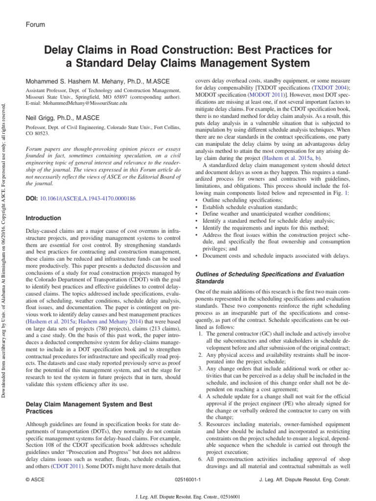 Delay Claims in Road Construction Best Practices for a Standard Delay Claims Management System | PDF