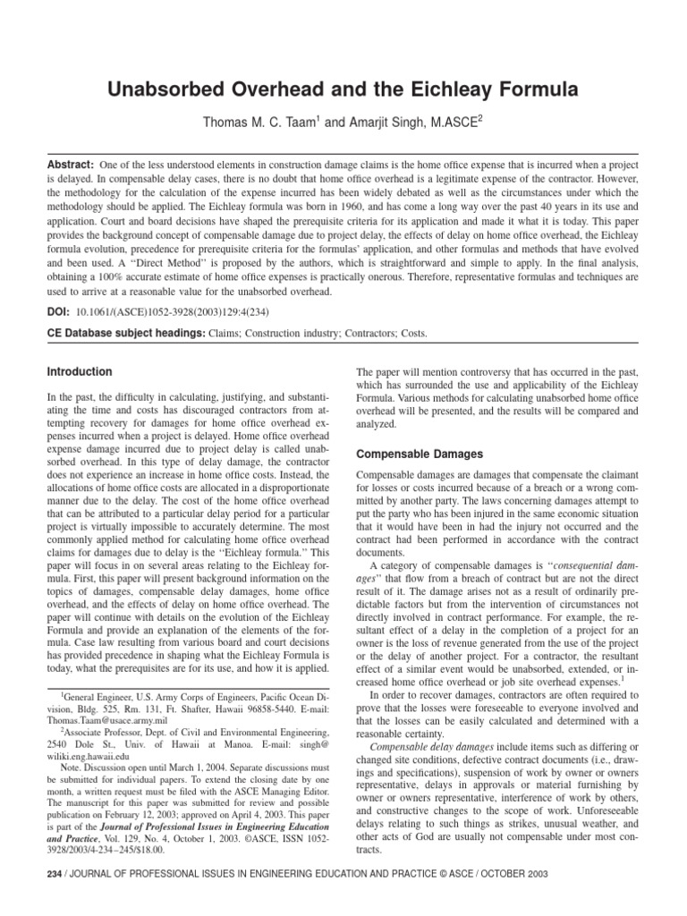 Unabsorbed Overhead and The Eichleay Formula | Download Free PDF ...