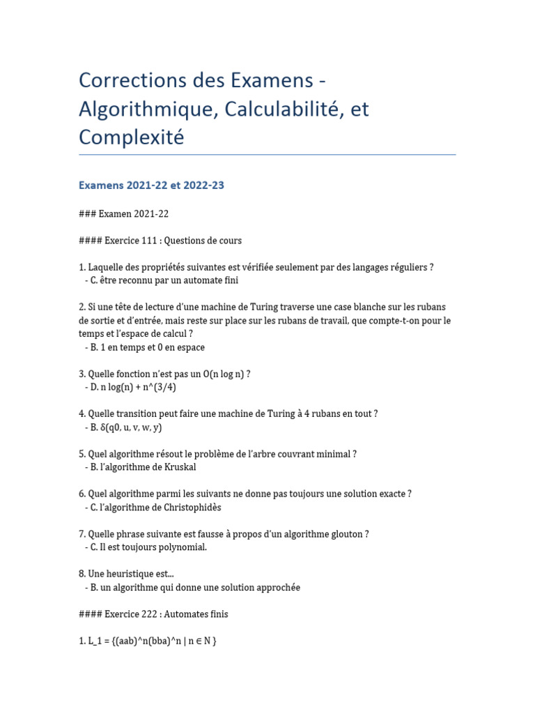 Corrections Examens Algorithmique Calculabilite Complexite | PDF | Théorie de la complexité ...