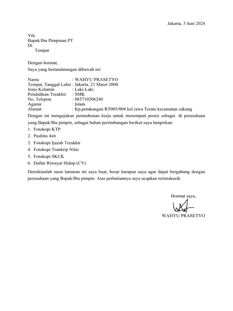 Surat Lamaran Pekerjaan (Wahyu Prasetyo) (2) (1) (2) (1) - Dikompresi | PDF