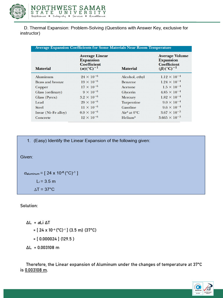 Thermal expansion (questions with answer key) | PDF | Thermal Expansion ...