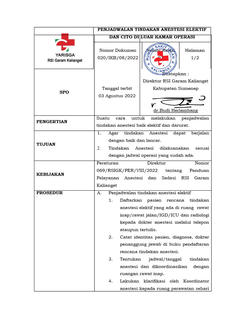 20 Spo Penjadwalan Tindakan Anestesi Elektif Dan Cito Di Luar Kamar ...