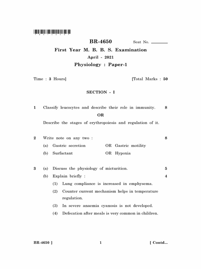 First Year M B B S Examination April 2021 Physiology Paper 1 Pdf