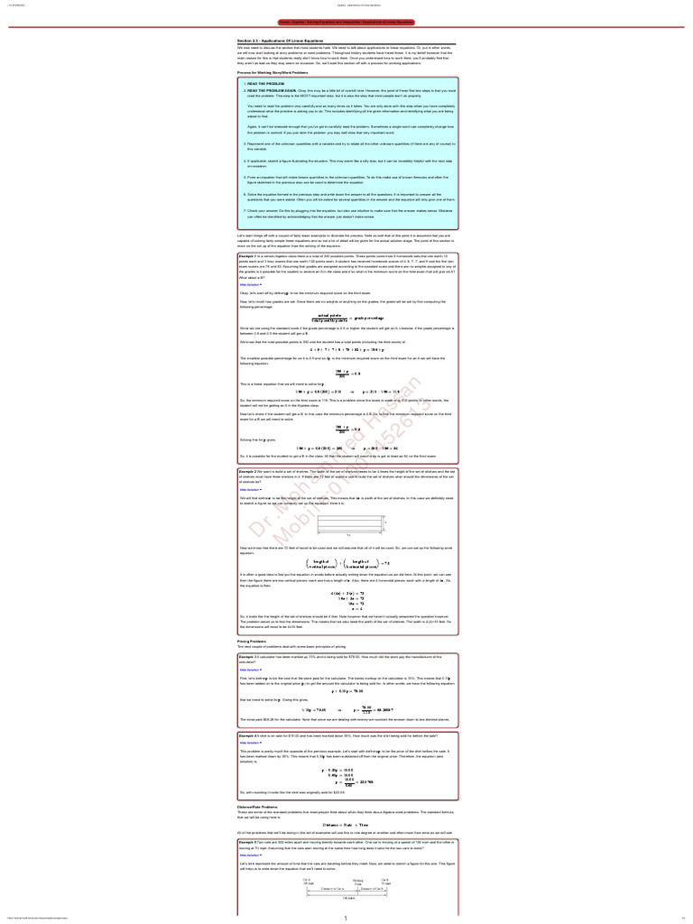 Algebra - Applications of Linear Equations | PDF | Equations | Algebra