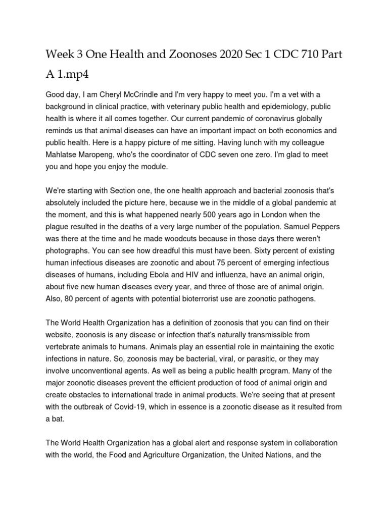 Week 3 One Health and Zoonoses 2020 Sec 1 CDC 710 Part A 1 | PDF ...