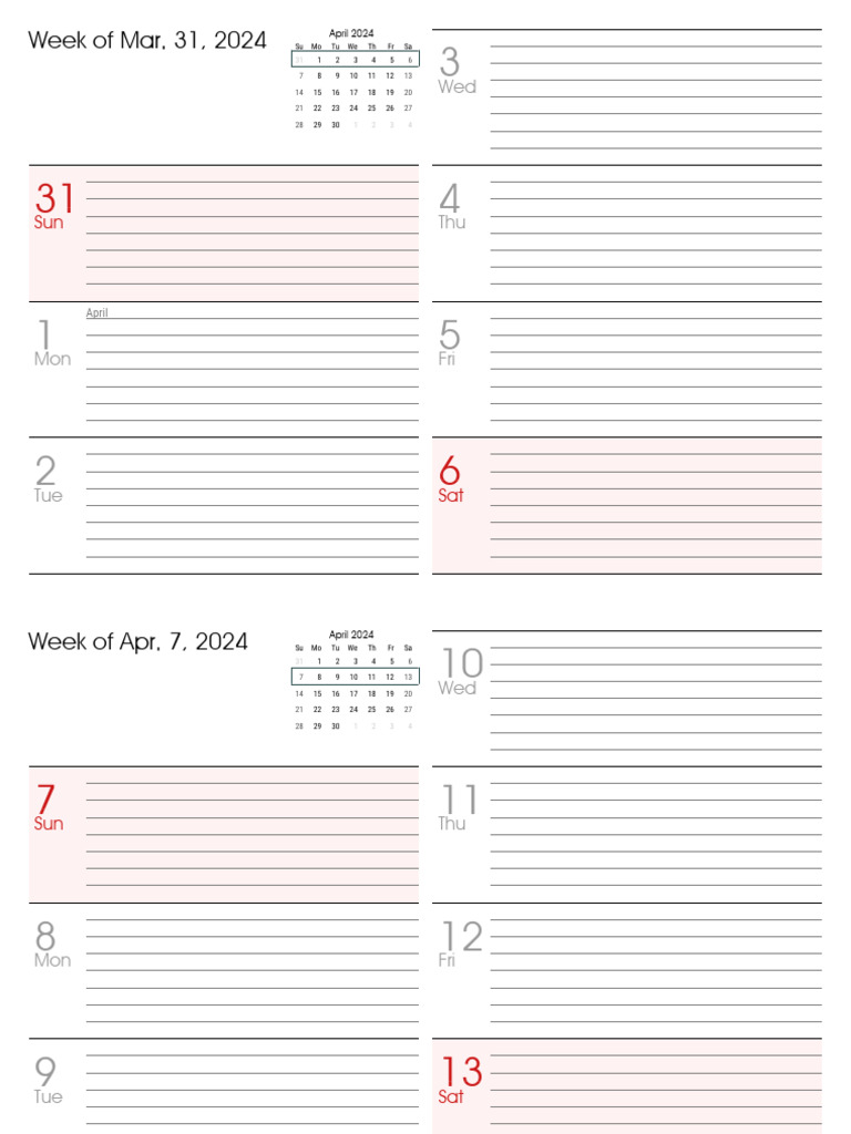 April 2024 Weekly Calendar | PDF