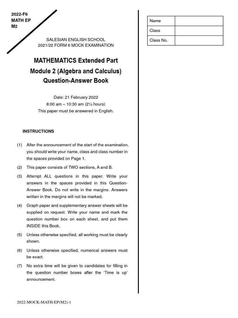 21-22 F6 M2 Mock Exam | PDF | Mathematics | Mathematical Analysis
