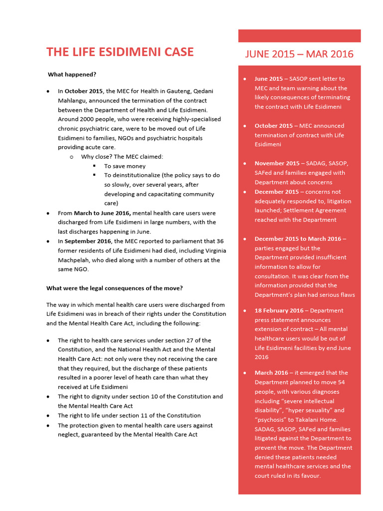 Life Esidimeni Fact Sheet 1 | PDF | Mental Health | Social Programs