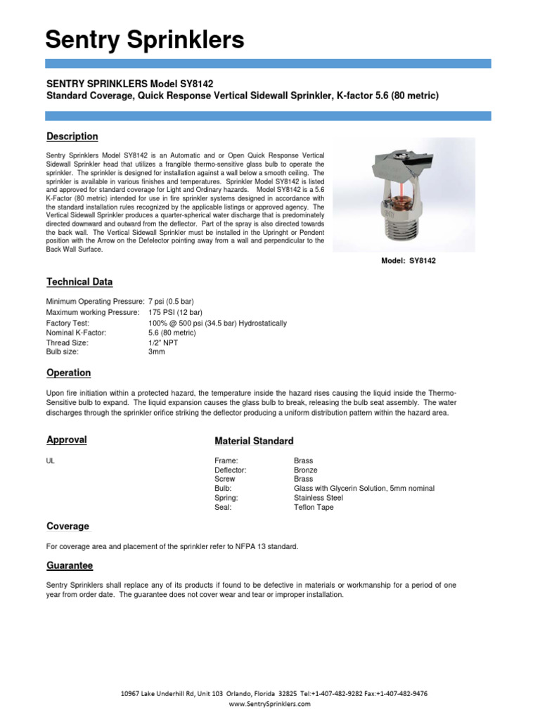 Sentry Sprinklers SY8142 Standard Coverage - Quick Response VSW Sprinkler | PDF | Fire Sprinkler ...