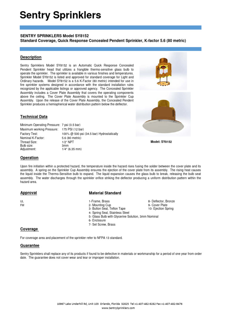 Sentry Sprinklers SY8152 Standard Coverage - Quick Response Concealed ...