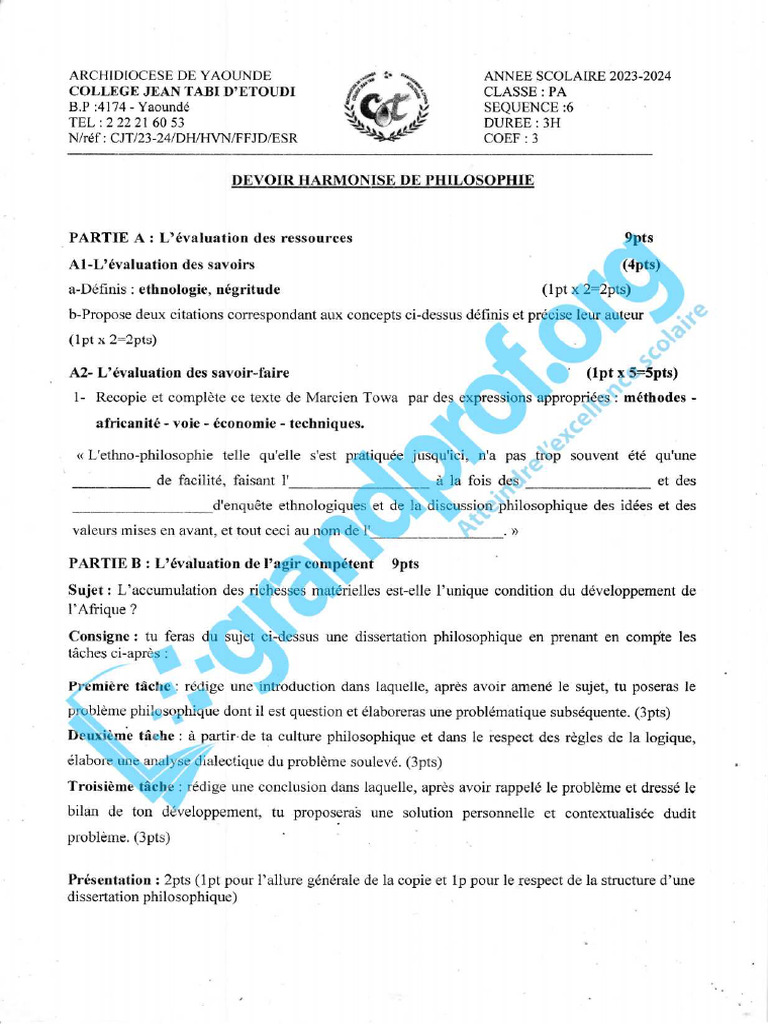 Philosophie 1erea Probatoire Blanc College Jean Tabi Mai 2024 | PDF