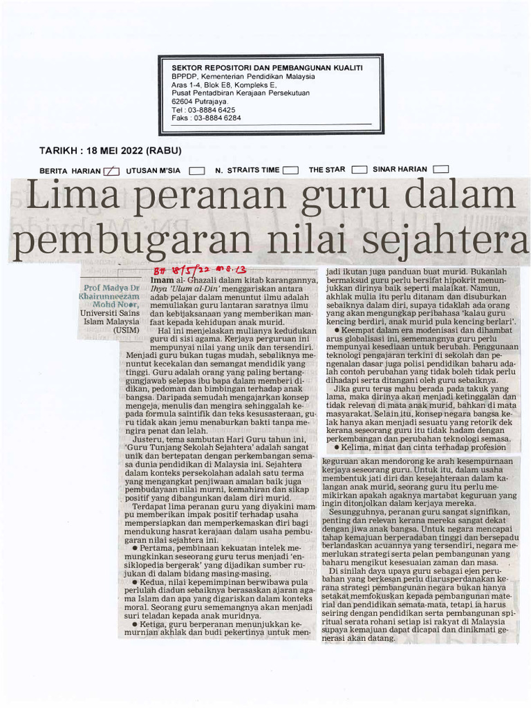 BH 18 05 2022 Lima Peranan Guru Dalam Pembugaran Nilai Sejahtera | PDF