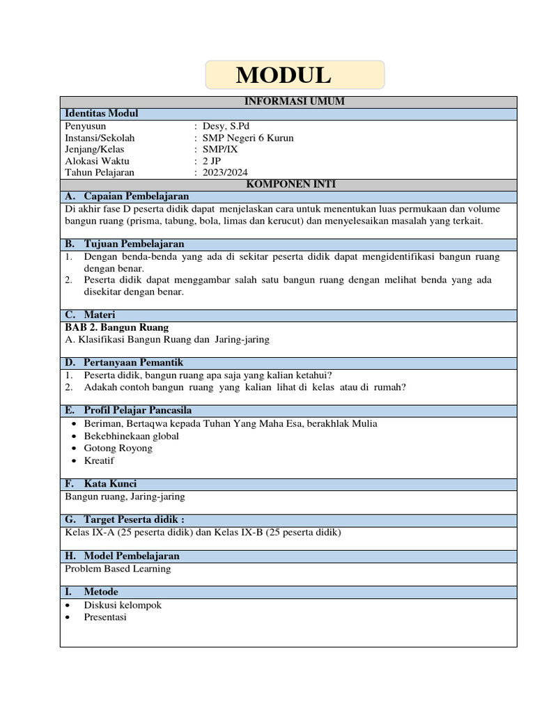 Modul Ajar Matematika - Klasifikasi Bangun Ruang - Fase D | PDF
