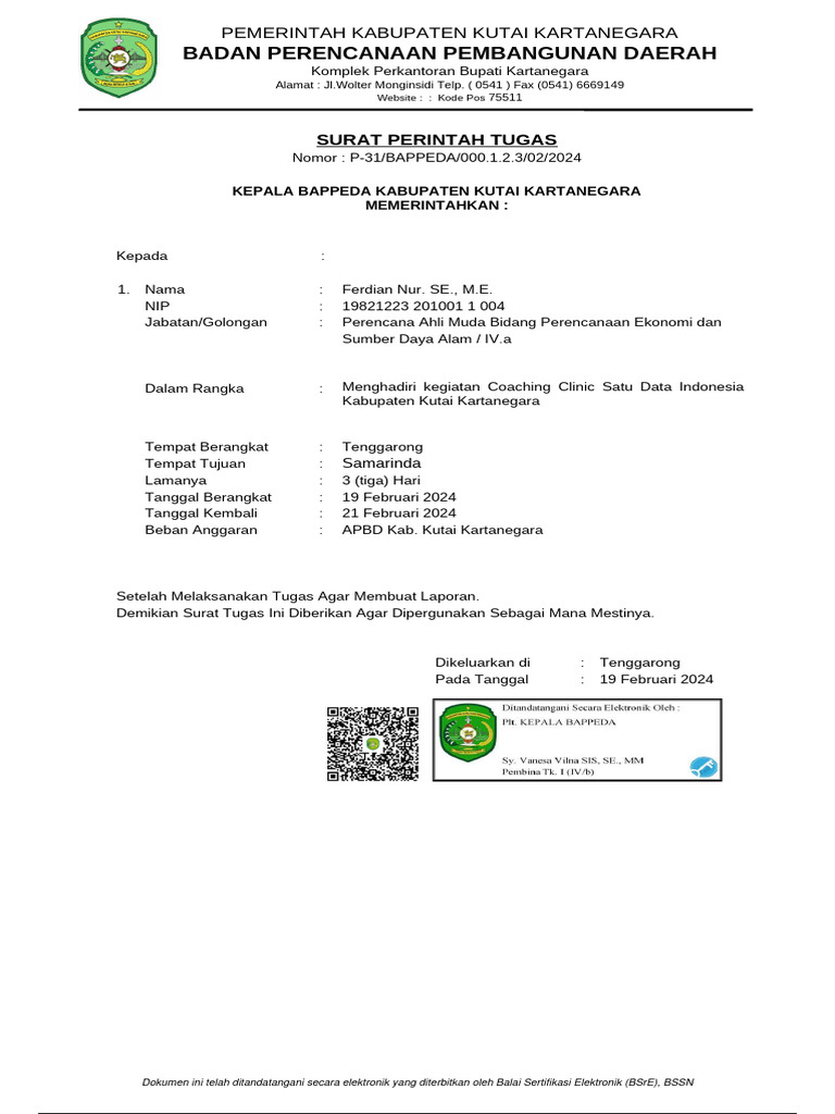 Surat Tugas BAPPEDA Kutai Kartanegara | PDF