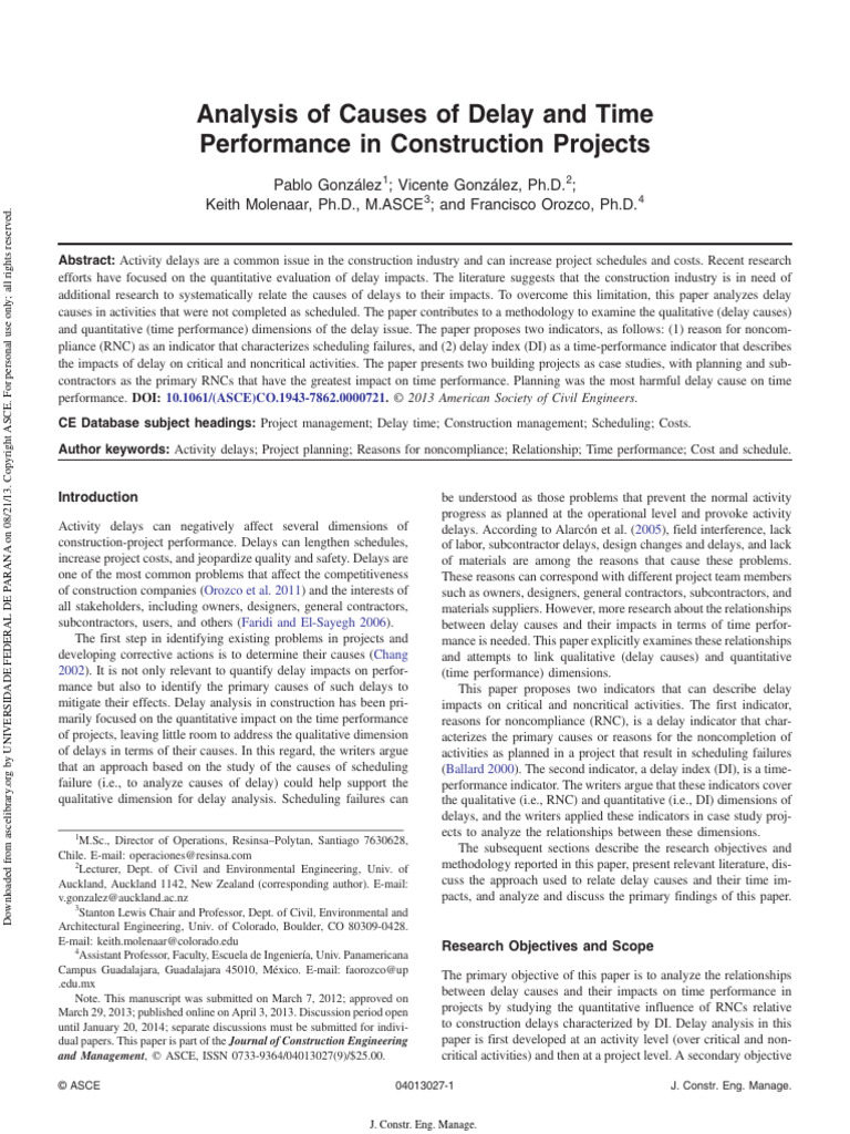 Analysis of Causes of Delay and Time Performance in Construction Projects | PDF | Methodology ...