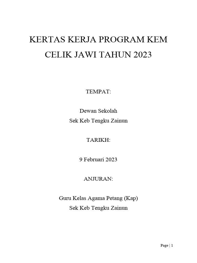 Kertas Kerja Program Kem Celik Jawi Tahun 2023 | PDF