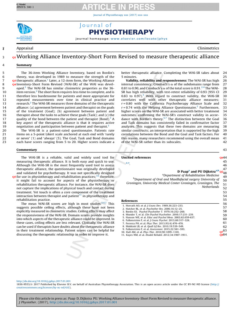 Working Alliance Inventory-Short Form Revised To M | PDF | Physical ...