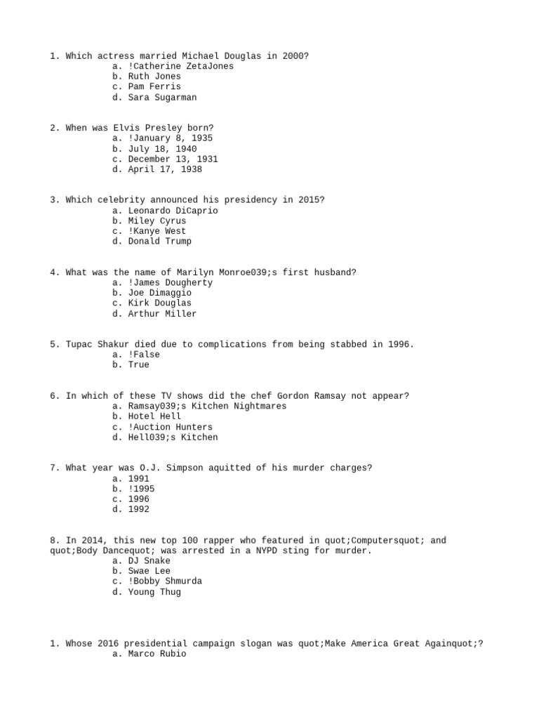 Trivia Quiz: History, Politics & Celebrities | PDF | General Secretary ...