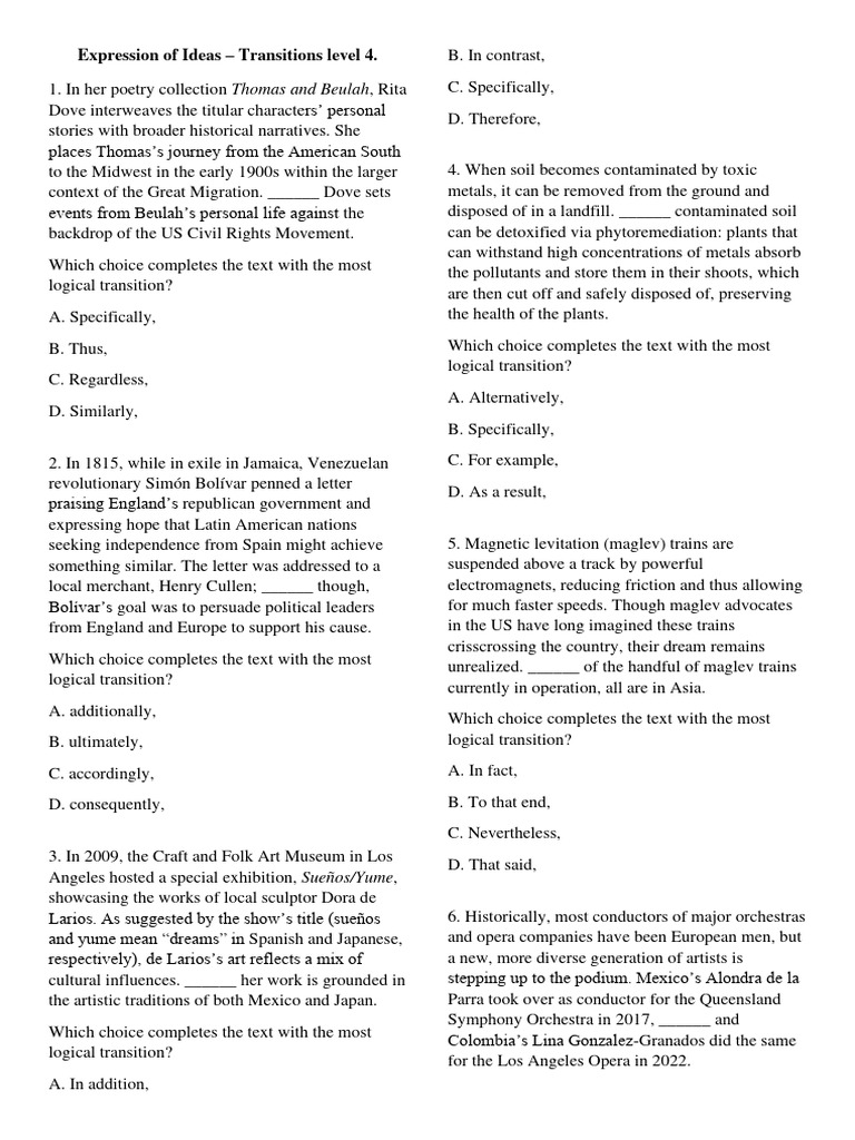 Transitions level 4 practice | PDF