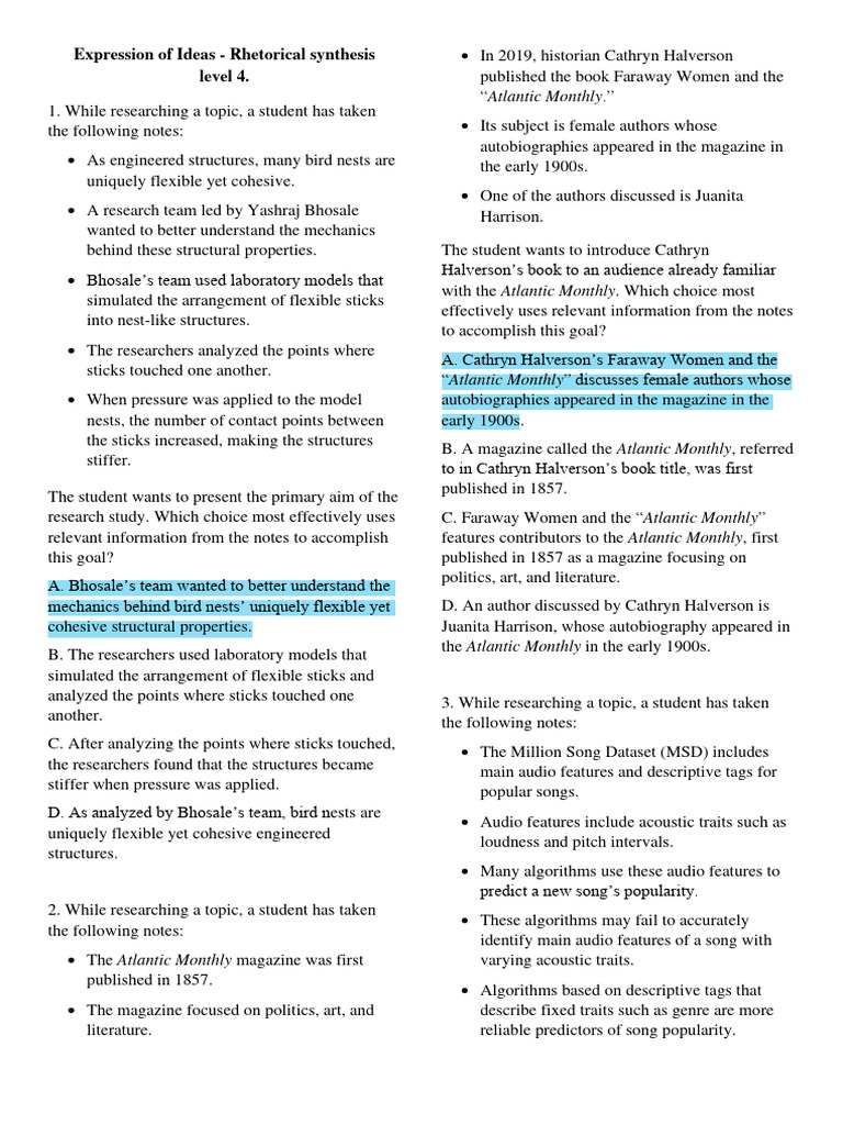 Rhetorical Synthesis Level 4 Practice | PDF