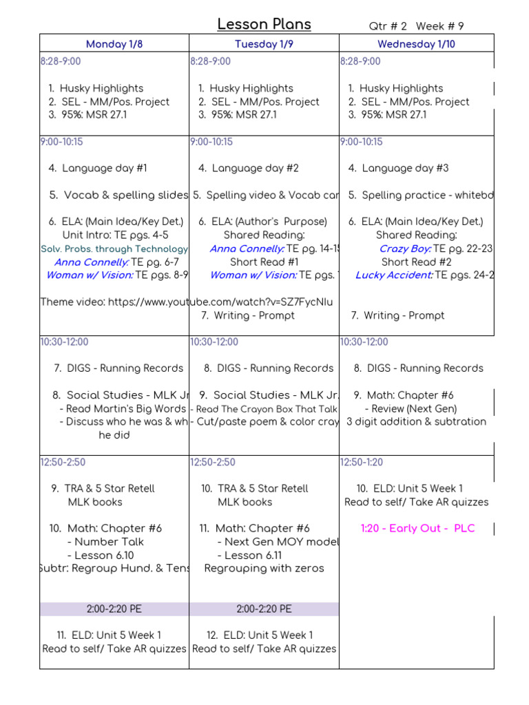 Monday 1/8 Tuesday 1/9 Wednesday 1/10 | PDF | Language Arts ...