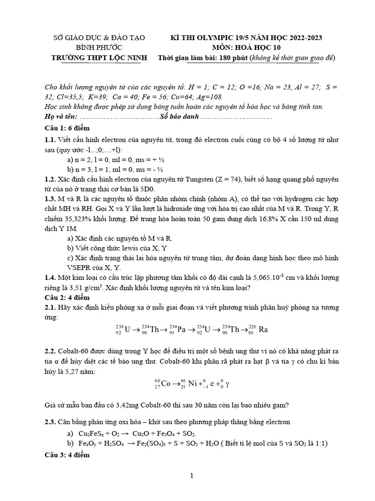 HSG Hoa 10 THPT Loc Ninh Binh Phuoc Nam 2022 2023 O2.edu - .VN | PDF