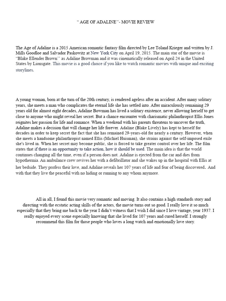 Age of Adaline Review Paper | PDF | Mystery, Thriller & Crime Fiction