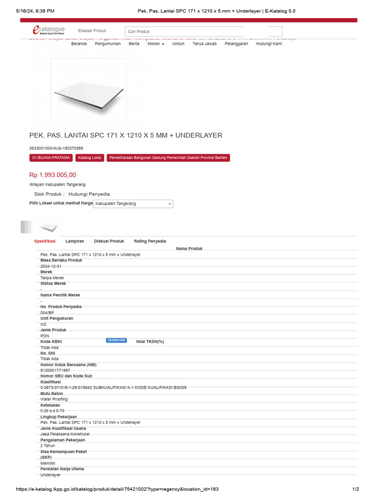 Pek. Pas. Lantai SPC 171 X 1210 X 5 MM + Underlayer - E-Katalog 5.0 | PDF | Bisnis | Komputer
