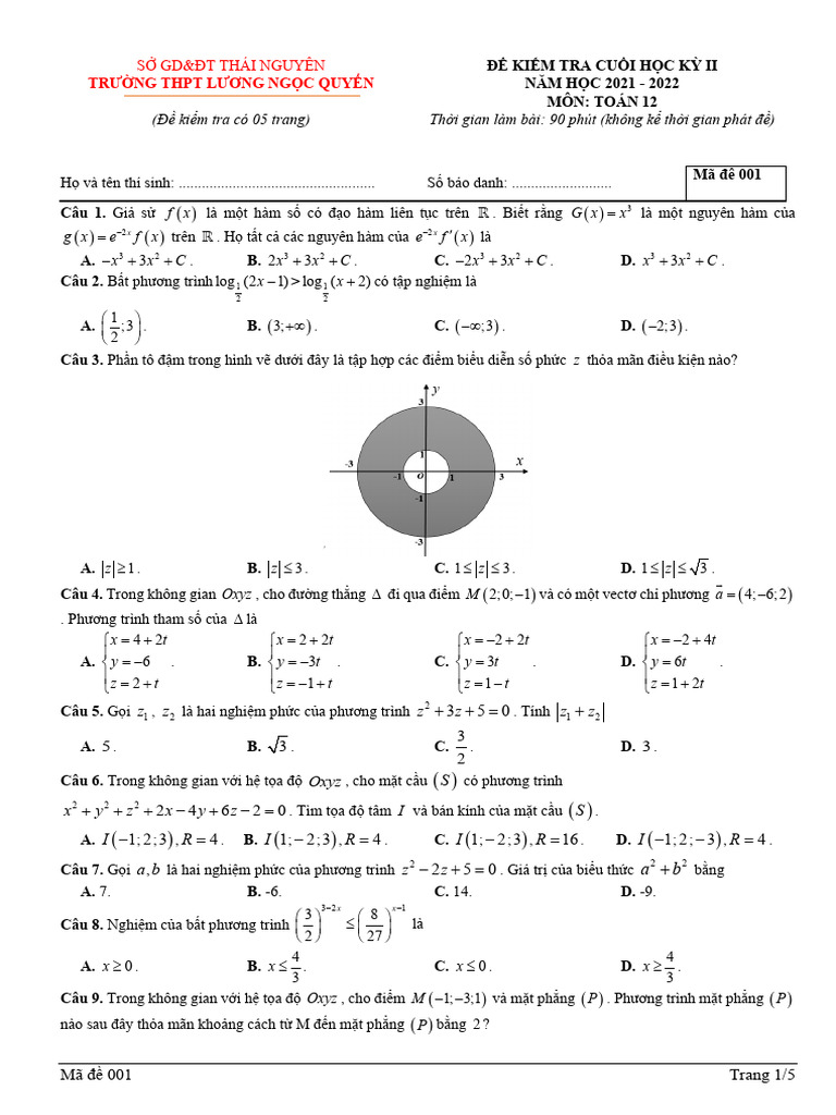 De Cuoi Hoc Ky 2 Toan 12 Nam 2021 2022 Truong Luong Ngoc Quyen Thai Nguyen | PDF