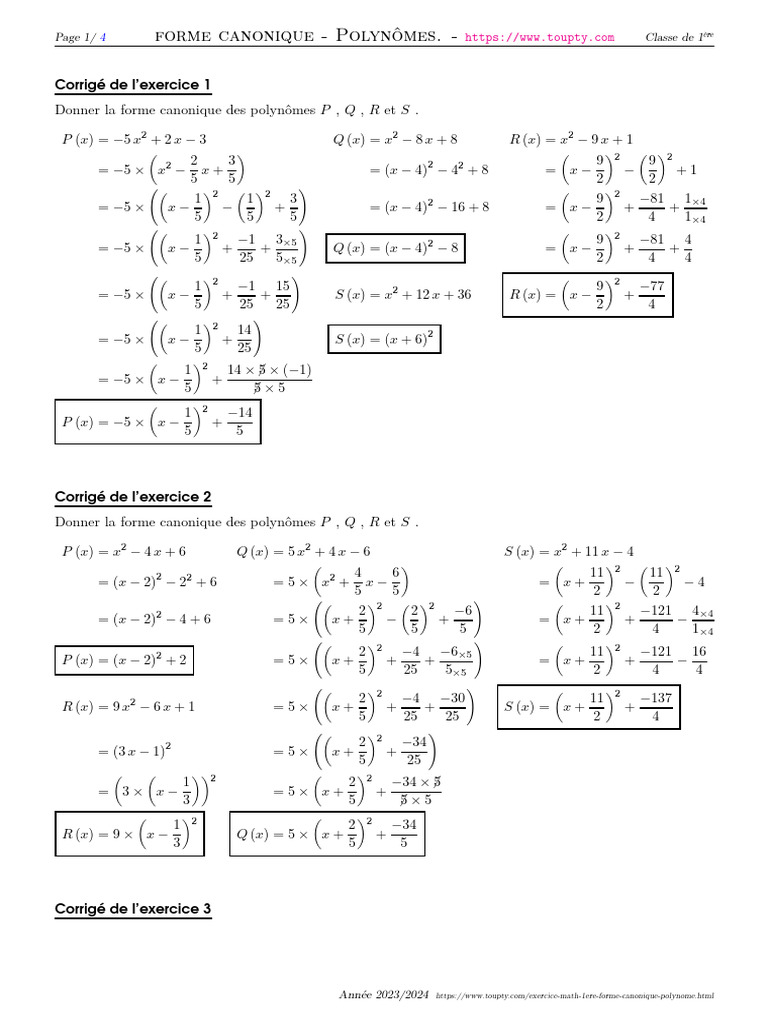 Exercice Forme Canonique Polynome 1ere 10 Corrige | PDF