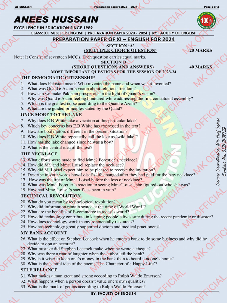 Xi-All Subjects Anees Hussain 2023-24 MK Official | PDF