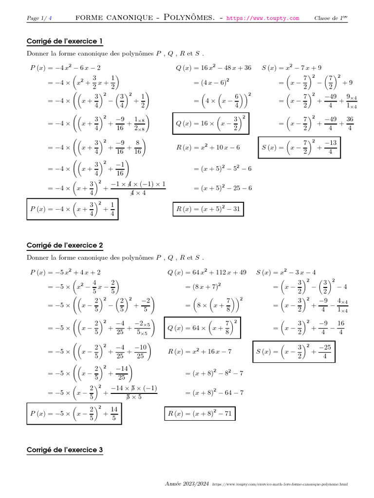 Corrigés Exercices Forme Canonique | PDF