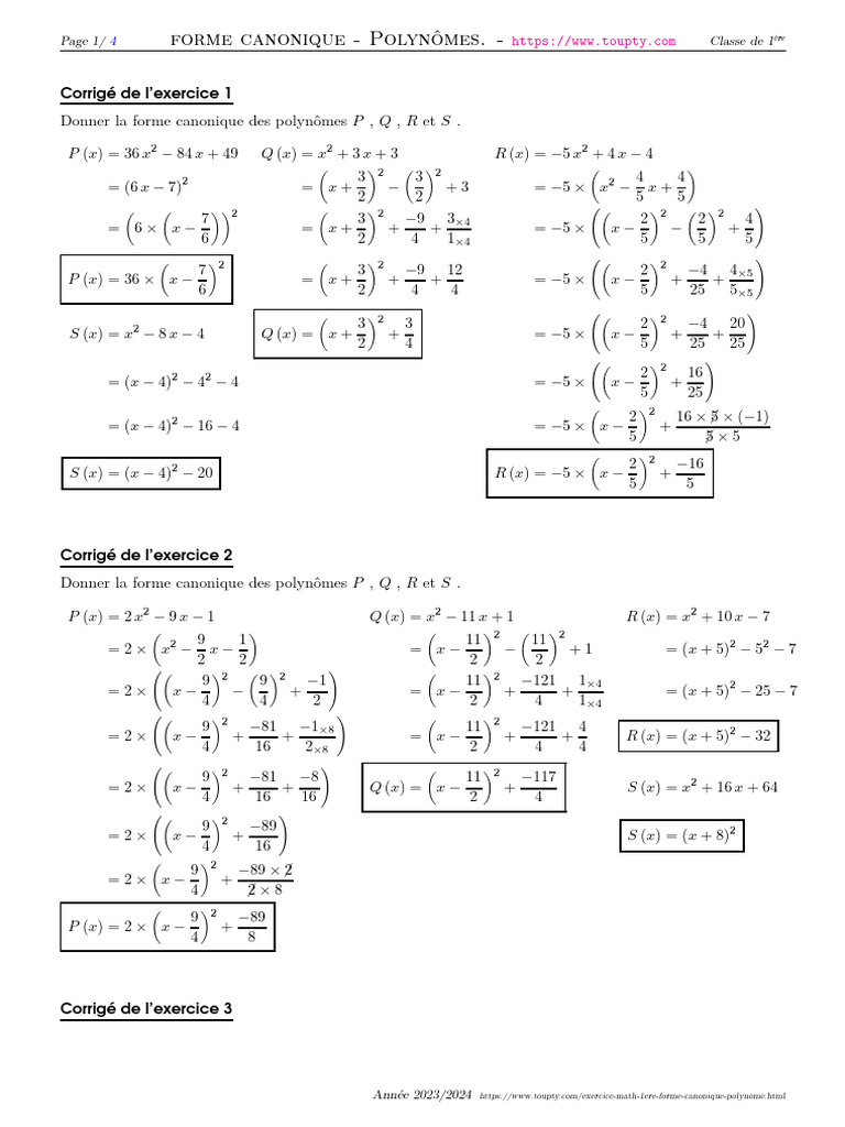 Exercice Forme Canonique Polynome 1ere 2 Corrige | PDF