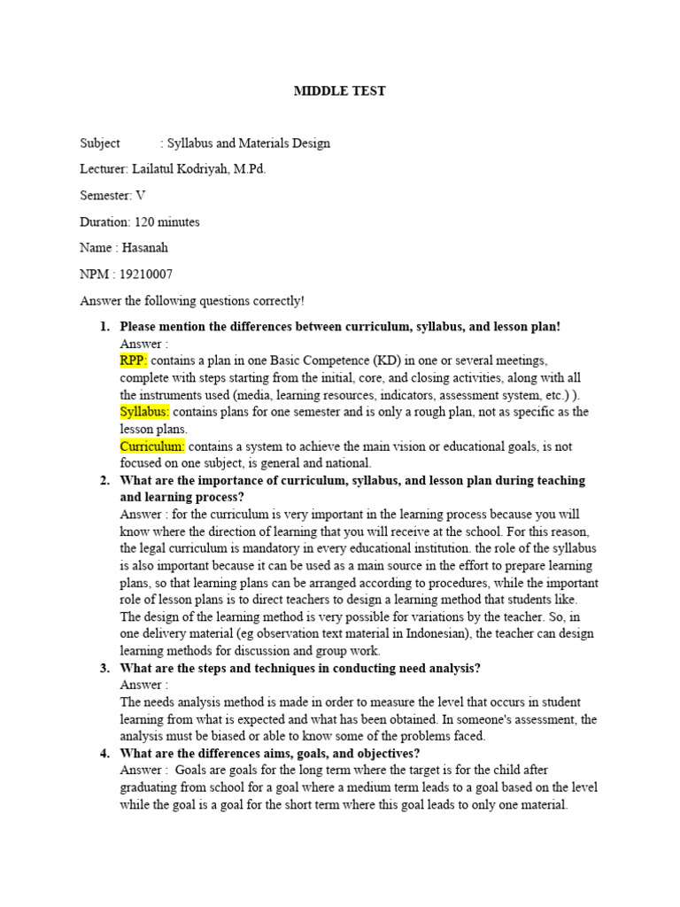Middle Test Syllabus and Materials Design | Download Free PDF ...