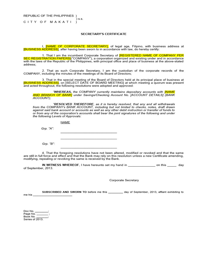 Blank Secretary's Certificate - Bank Account Signatories | PDF | Banks ...