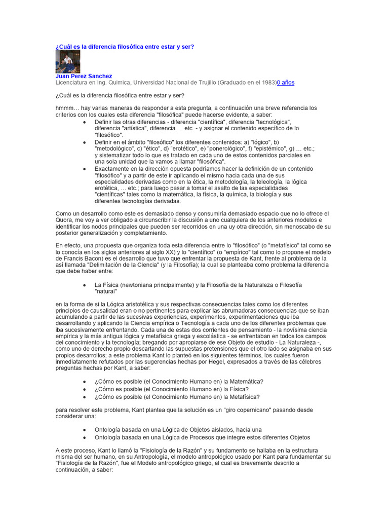 Diferencia entre estar y ser en filosofía | PDF | Metafísica | Immanuel ...