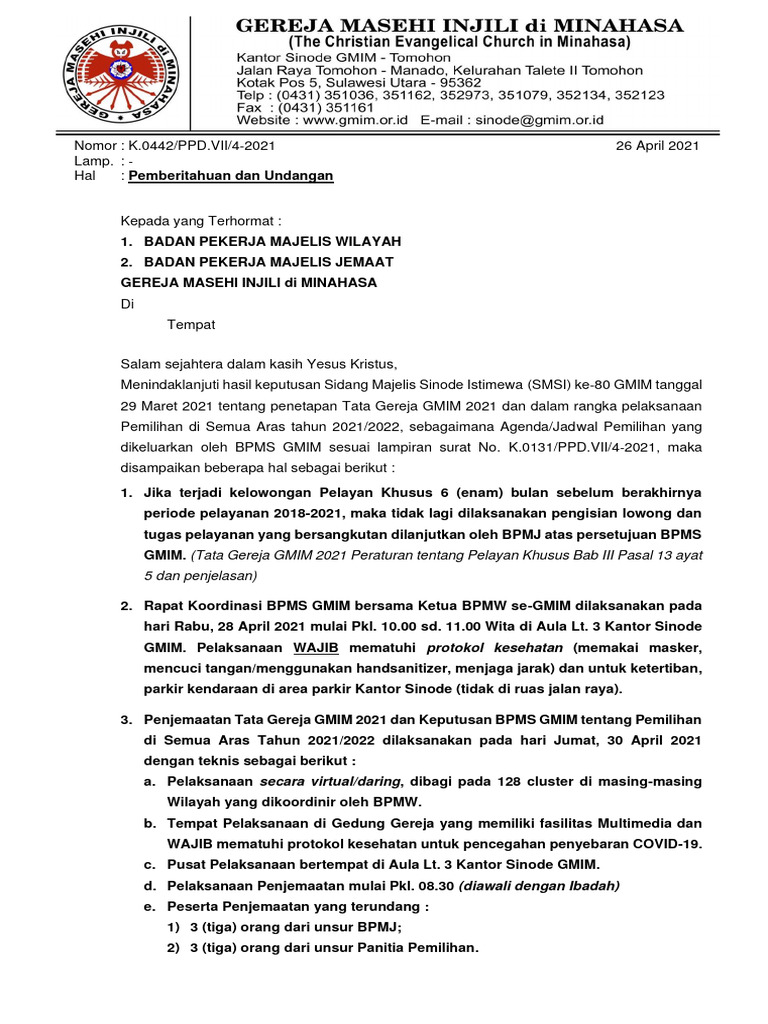 Pemberitahuan Dan Undangan BPMS GMIM 26 April 2021 | PDF | Pengelolaan Keuangan & Uang | Sains ...