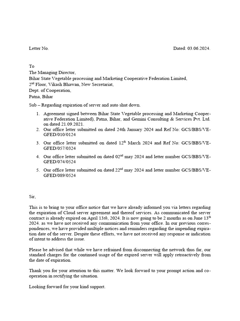 Server Expiration and Shut Down Letter 03.06.24 1 | PDF | Finance ...