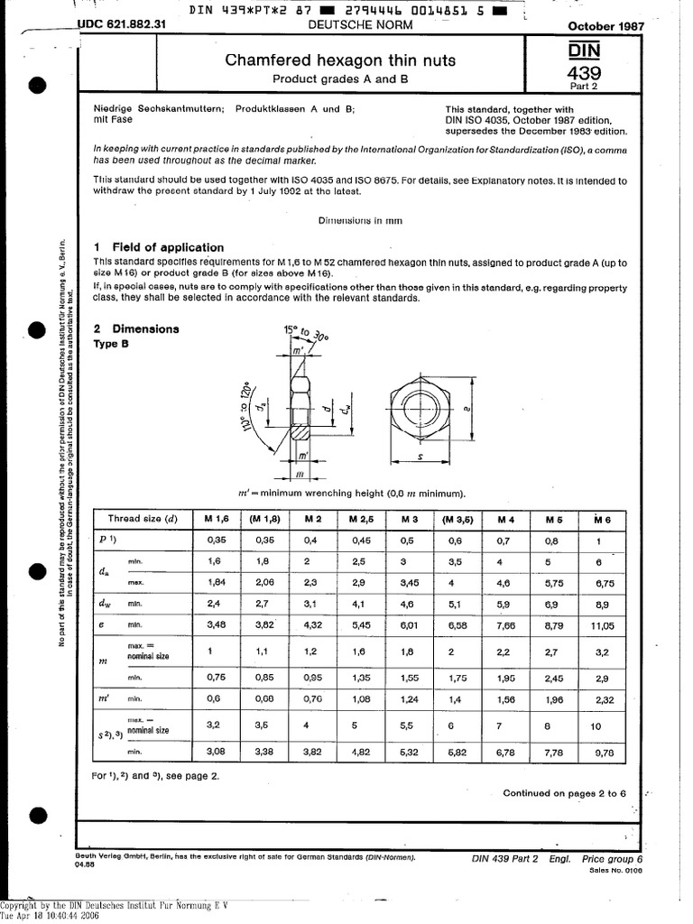 DIN 439 Part 2 1987 (Chamfered Hexagon Thin Nuts - Product Grades A and B) | PDF
