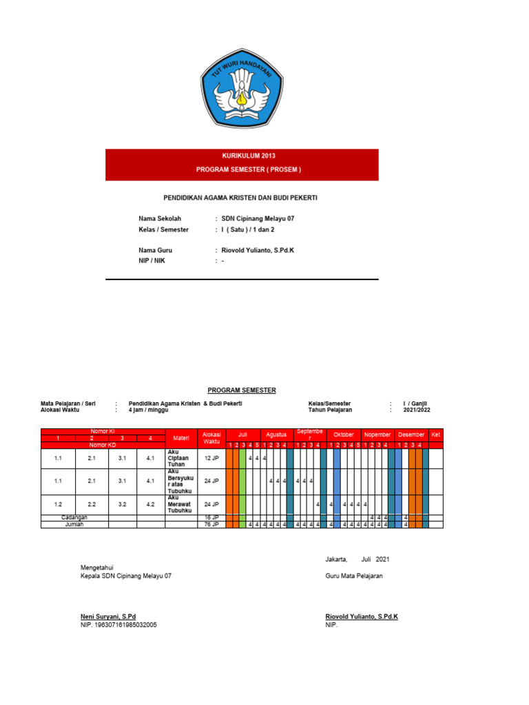 Prosem PAK SD Kelas 1 | PDF