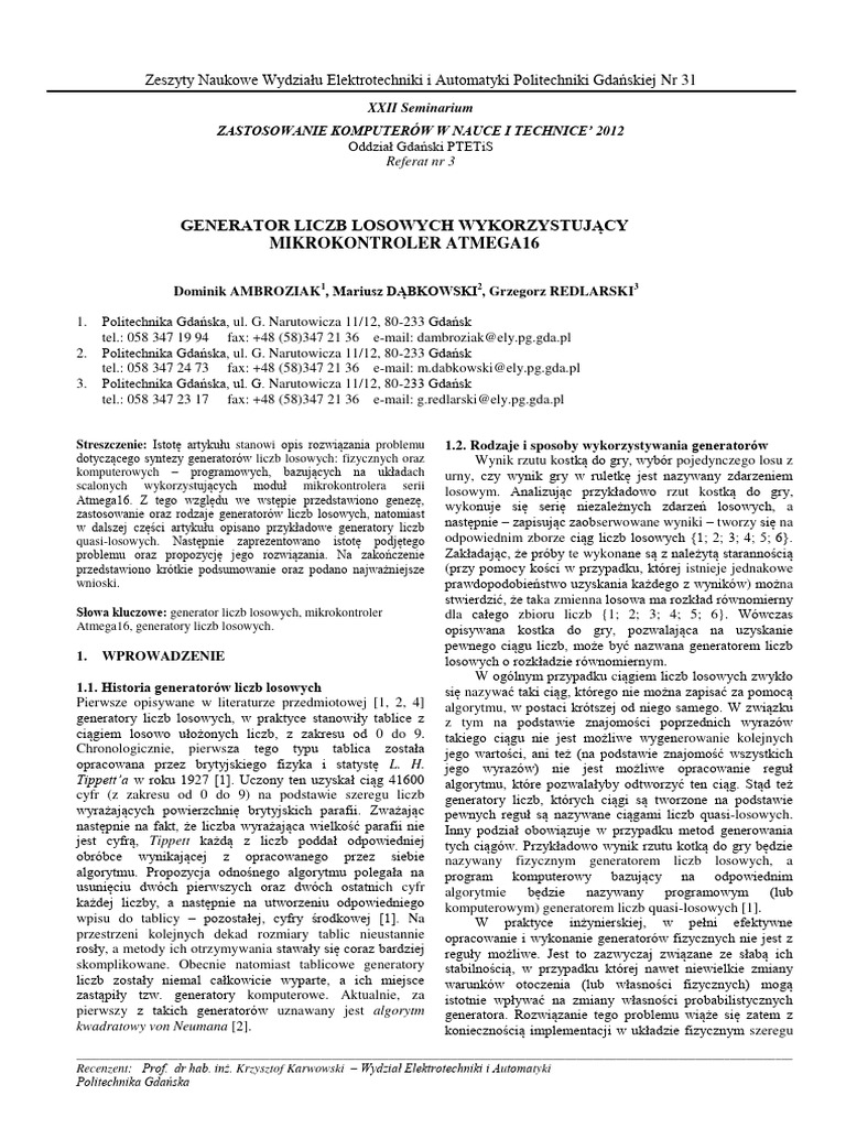 Generator Liczb Losowych Wykorzystu | PDF