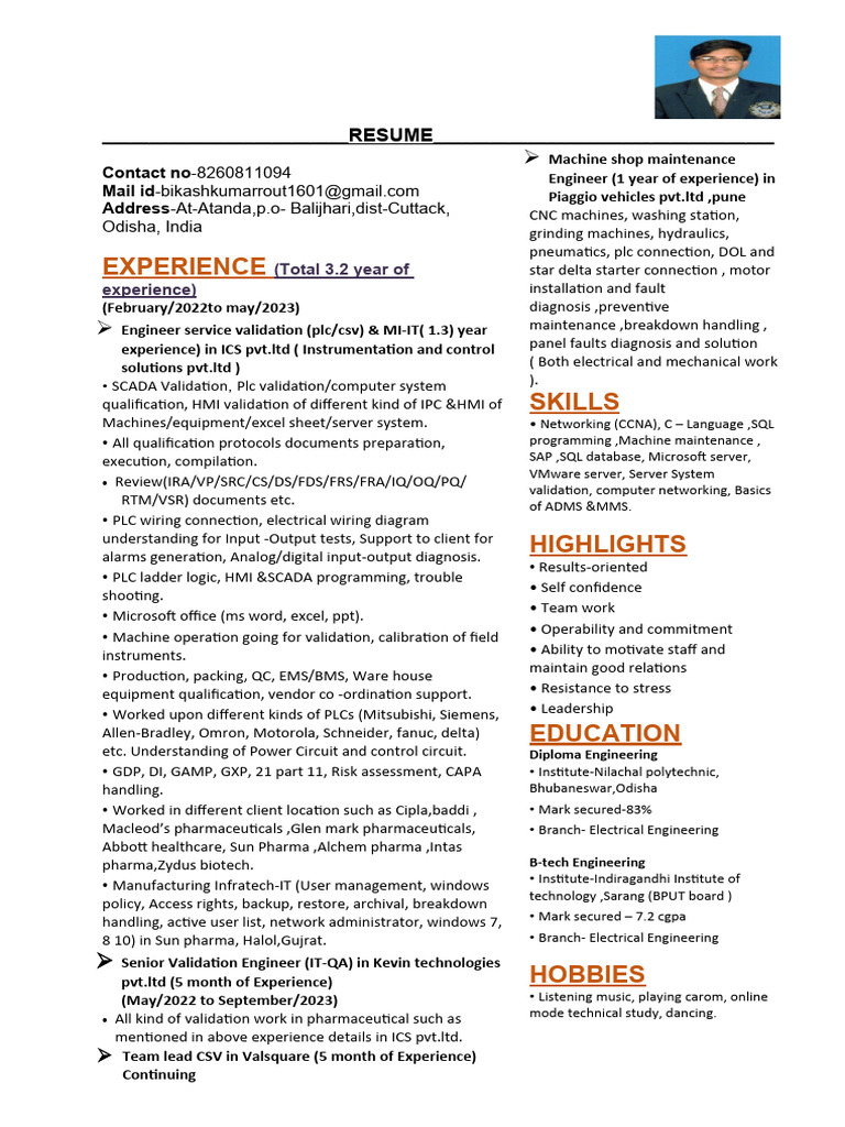Experience: Resume | PDF | Programmable Logic Controller | Scada